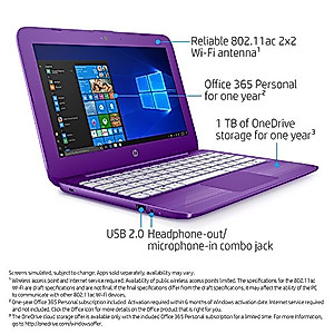 HP Stream (11-ah120nr) 11.6 Inch Laptop with Intel Celeron N4000 Processor, 4GB RAM, 32 GB eMMC Storage, Office 365 Personal 1-Year Included, Windows 10 (Infinity Purple)