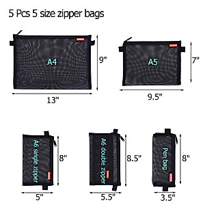 Pendancy Mesh Zipper Pouch 5pcs Lightweight Nylon File Folders Document Organizer Cosmetic Bags Accessories Storage for Travel and Office Supplies (Black, A4 A5 A6)