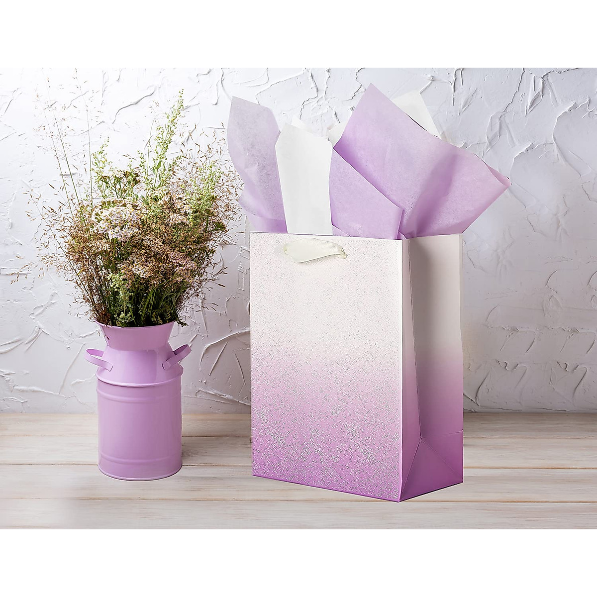 UNIQOOO 12Pcs Ombre Purple Gift Bags Bulk w/ 24 Tissue Paper, 9 x 7 x 4 In, Gradient Pastel Glitter Paper Gift Wrap Bag, Recyclable Gift Packaging for Wedding Birthday Mother's Day Baby Shower Party Favor Décor