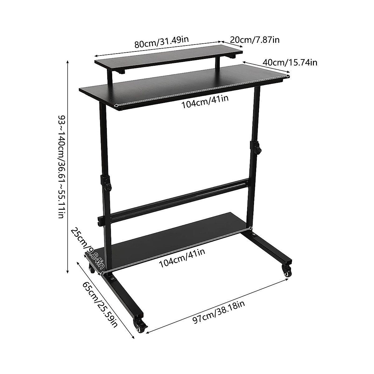 LIYUANJUN Mobile Standing Desk, Portable Rolling Desk 36.6-55Inch Adjustable Height Multifunction Computer Workstation with 4 Universal Wheels for School Office Study (Black)