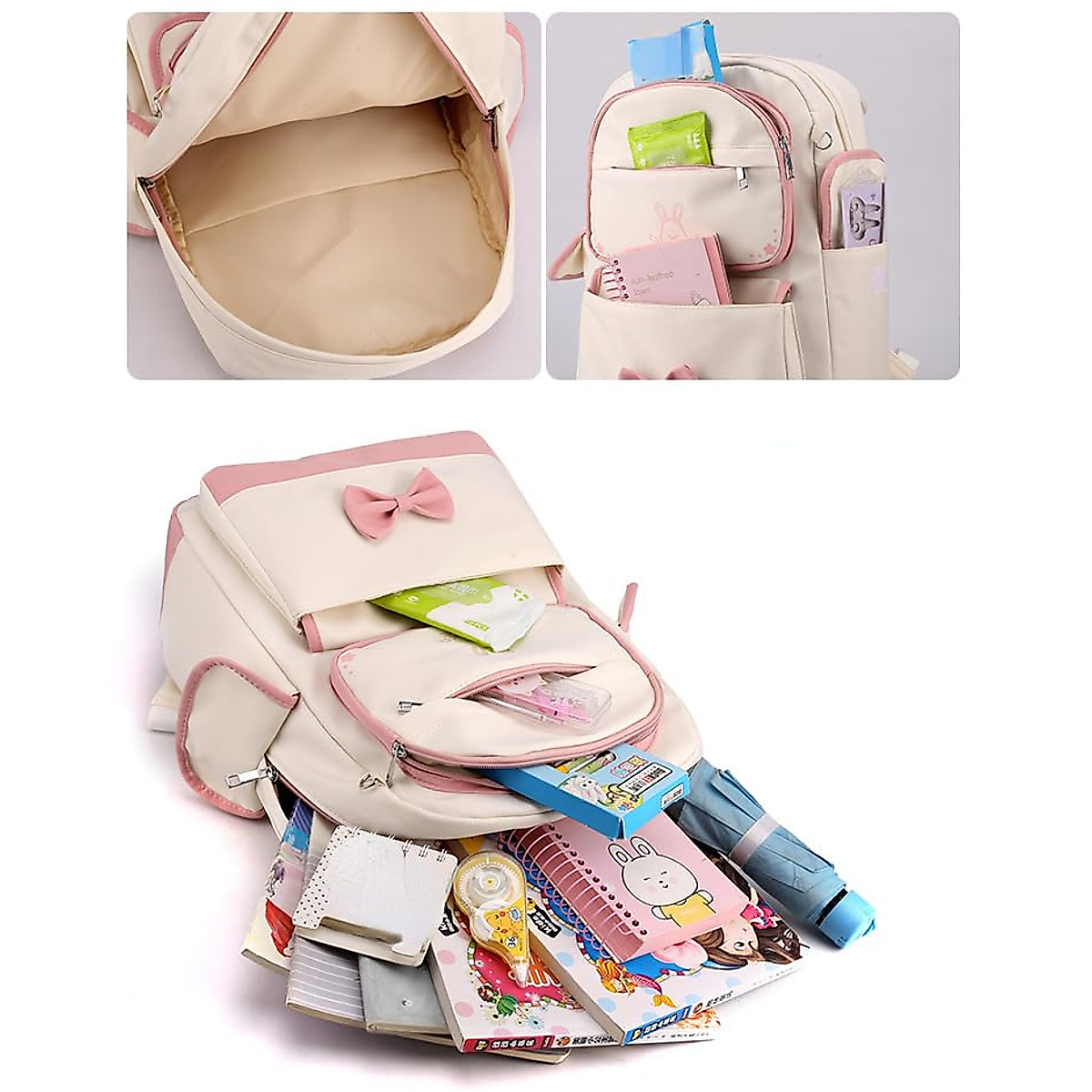 ZHSteveG Pink Backpack Bow With Pendant Cute Large Capacity Kawaii Aesthetic Backpack Cute Mochilas Daypacks (Pink white)