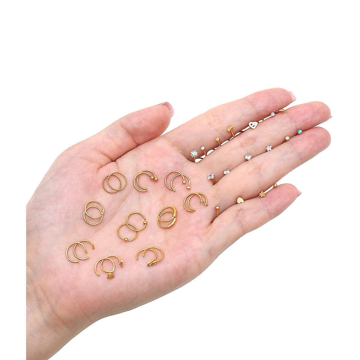 Tornito 20G 38Pcs Stainless Steel L Bone Screw Shaped Nose Studs Nose Rings CZ Hoop Tragus Cartilage Nose Ring Labret Nose Piercing Jewelry for Men Women Rose Gold Tone (G:38Pcs, Gold&Screw)