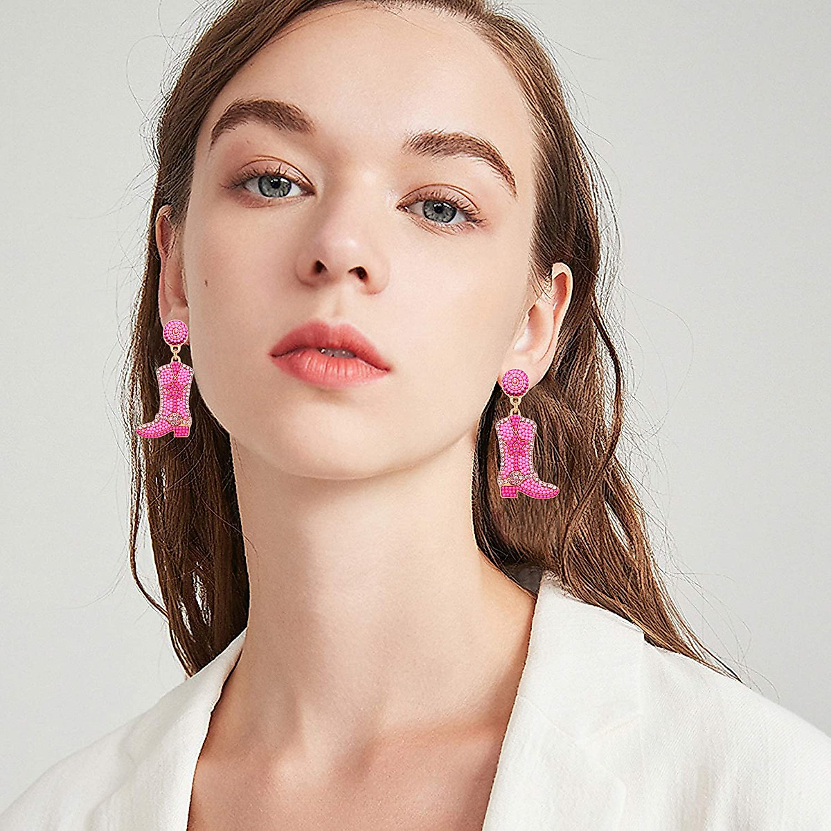 UYT Beaded Cowgirl Boot Earring Western Cowboy Boots Earrings for Women Boho Beads Shoes Dangle Drop Earrings Y2k Jewelry Party Gift (pink)