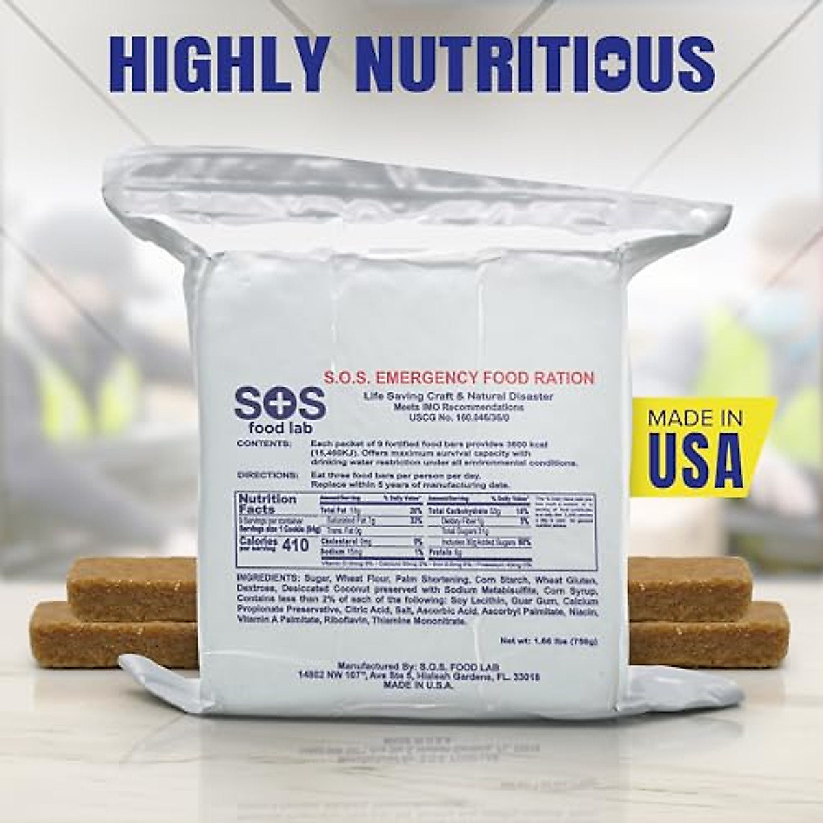 SOS Food Labs, Inc. 185000825 S.O.S. Rations Emergency 3600 Calorie Food bar - 3 Day/ 72 Hour Package with 5 Year Shelf Life, 5" Height, 2" Wide, 4.5" Length