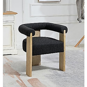 Meridian Furniture 566Black-C Barrel Collection Mid-Century Modern Dining Chair with Solid Wood Natural Finish, Rich Black Boucle Fabric, 27.5" W x 24" D x 28" H, Black