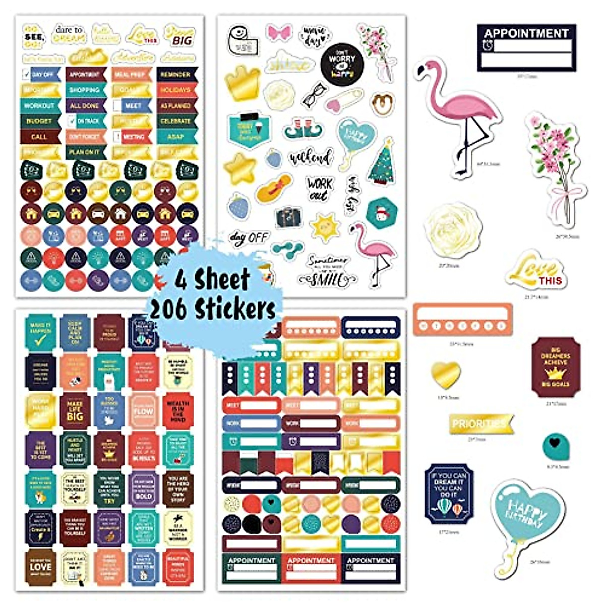 Daily Planner Stickers Inspirational Planning Stickers 4 Sheets 206Pcs Writeable Productivity Stickers Ideal for Business Notes Meetings,Calendars,to Do List
