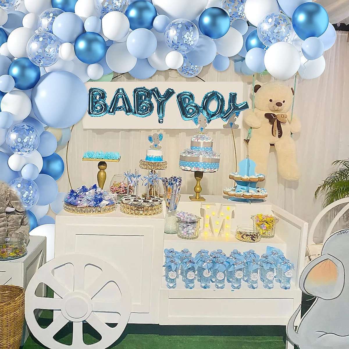 Janinus Blue And White Balloon Arch Garland Kit - Baby Boy Balloons Arch Different Sizes 5 12 18 Inch Blue White Balloons for Boys Baby Shower Decorations Birthday Engagement Party Gender Reveal Decor