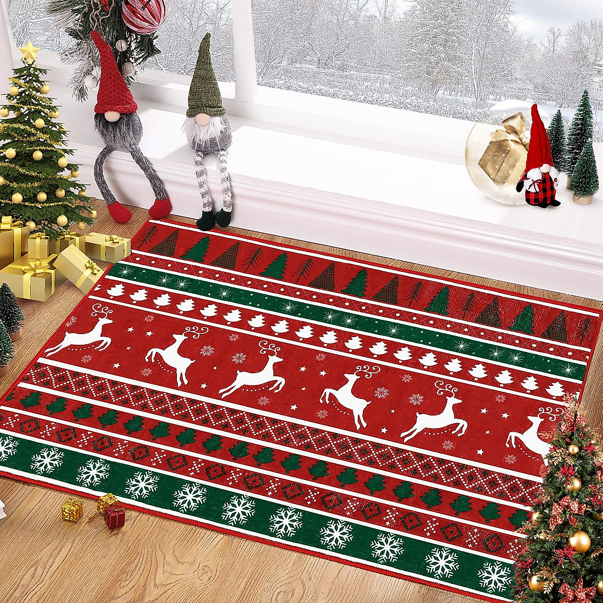 RUGSREAL Christmas Area Rug 2x3 Winter Christmas Tree and Snowflake Area Rug for Entryway Christmas Doormat Non-Slip Rug Washable Floor Cover for Living Room Bedroom, Red, 2x3 Feet