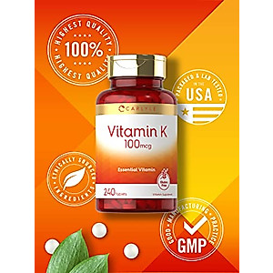 Carlyle Vitamin K 100 mcg | 240 Tablets | Vegetarian, Non-GMO, Gluten Free | Vitamin K Supplement