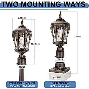 Outdoor Lamp Post Light Fixture with Pier Mount Base,Modern Post Lantern Light Dusk to Dawn Pole Lights Outdoor for Patio,Garden,Backyard,Pathway,Water Ripple Glass,7"W x 17.7"H Waterpoof NO BULB
