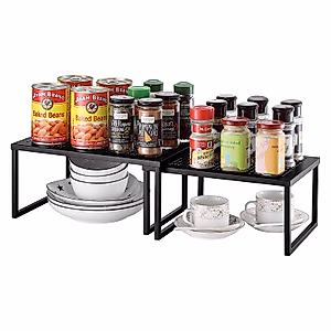 2 Pack- Simple Trending Cabinet Shelf Organizer, Kitchen Counter Shelf Rack for Pantry Organization, Expandable Stackable, Black
