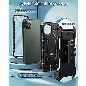 FNTCASE for iPhone 11 Pro Max Case: with Belt-Clip Holster & Built-in Screen Protector & Kickstand, Full-Body Dual Layer Rugged Heavy Duty Military Shockproof Protective Cell Phone Cover -Black