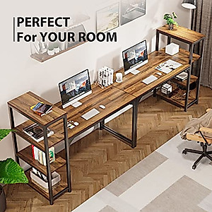 DESIGNA Computer Desk with 4 Tier Shelves, 55 Inch Heavy Duty Writing Study Table with Bookshelf, Modern Simple Style Steel Frame Wood for PC Table, Archaize Brown