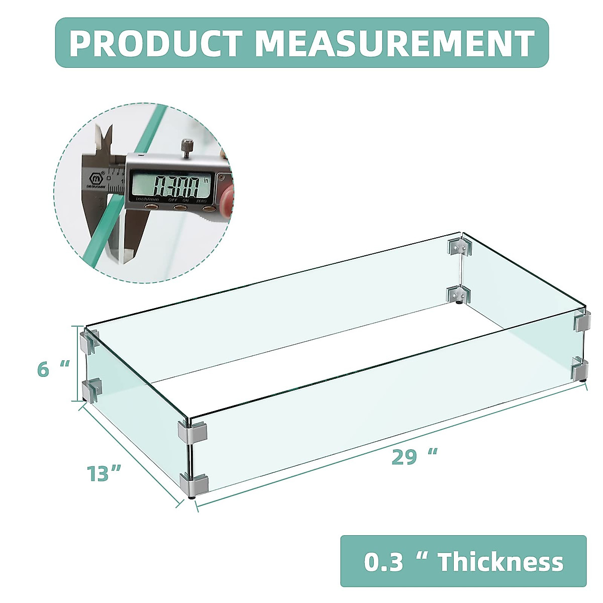 Uniflasy Fire Pit Glass Wind Guard 29" x 13" x 6" Flame/Wind Guard Fence Tempered Glass for Fire Pit Burner Pans Rectangle Outdoor Clear Tempered Glass Flame Shield for Fire Pit Table, 5/16" Thick