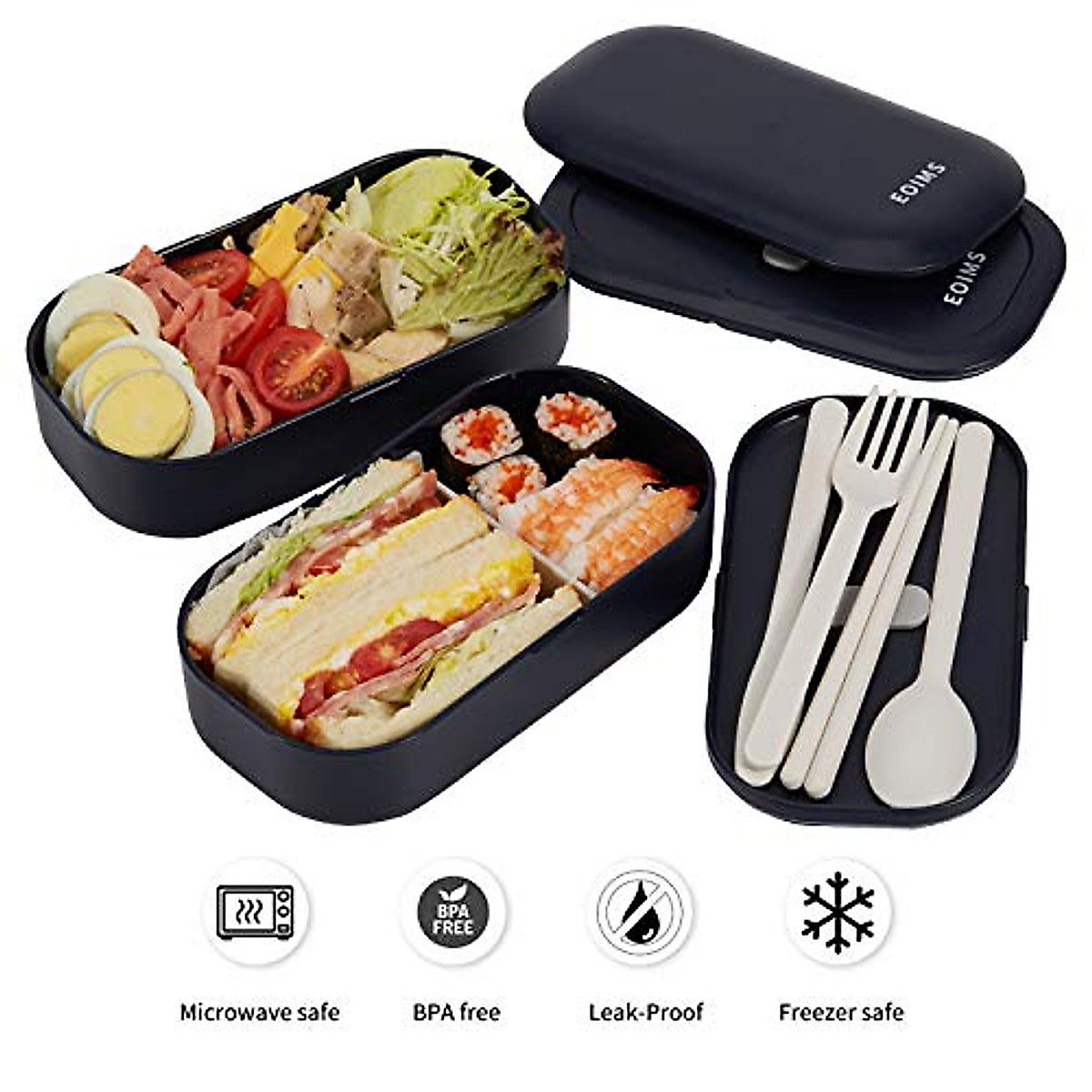 EOIMS Bento Box Adult Lunch Box with Cutlery 2 Compartments 40oz Leak-Proof Japanese Food Storage Containers Microwave and Dishwasher Safe
