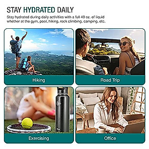 Dione Water Bottle 40 oz. Flask Double Wall Stainless Steel & Vacuum Insulated (Black) Sport Hydro Container (Standard Mouth/Leak Proof/BPA Free Cap), (MB000315)