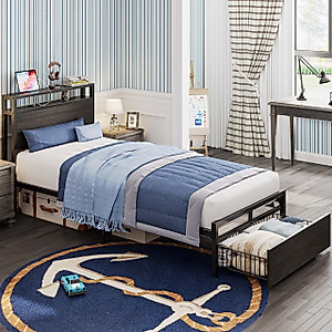 LIKIMIO Twin XL Bed Frames with Drawer, Storage Headboard with Outlets, No Box Spring Needed, Easy Assembly, Gray Black