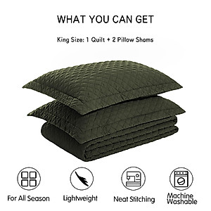 SunStyle Home Quilt Set King Olive Green Lightweight Bedspread Soft Reversible Coverlet for All Season 3pcs Army Green Diamond Quilted Bedding Sets (1 Quilt 2 Pillow Shams)(106"x96")