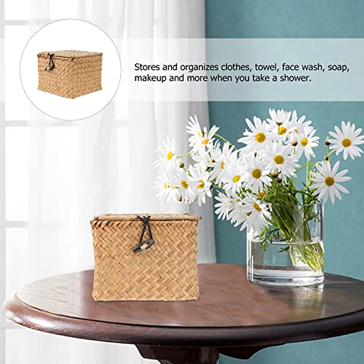 IMIKEYA Seaweed Baskets with Lids: Woven Baskets Seagrass Storage Woven Basket Straw Rattan Storage Basket Hand-Woven Storage Basket Bin Container Organizer for Shelf Desktop 4 inch