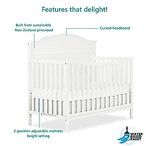 Dream On Me JPMA & Greenguard Gold Certified Grace 5 in 1 Convertible Crib Made with Sustainable New Zealand Pinewood in White, Non-Toxic Finish
