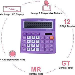 Desktop Calculator Basic Office Desk Calculator 12 Digit with Solar Power and Easy to Read LCD Display, Big Buttons, for Home, Office, School, Class and Business, with Battery - Purple