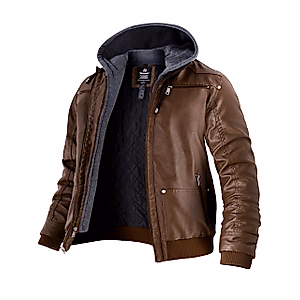 wantdo Men's Big and Tall Faux Leather Jacket Winter Coat Motorcycle Jacket With Removable Hood Coffee X-Large Tall