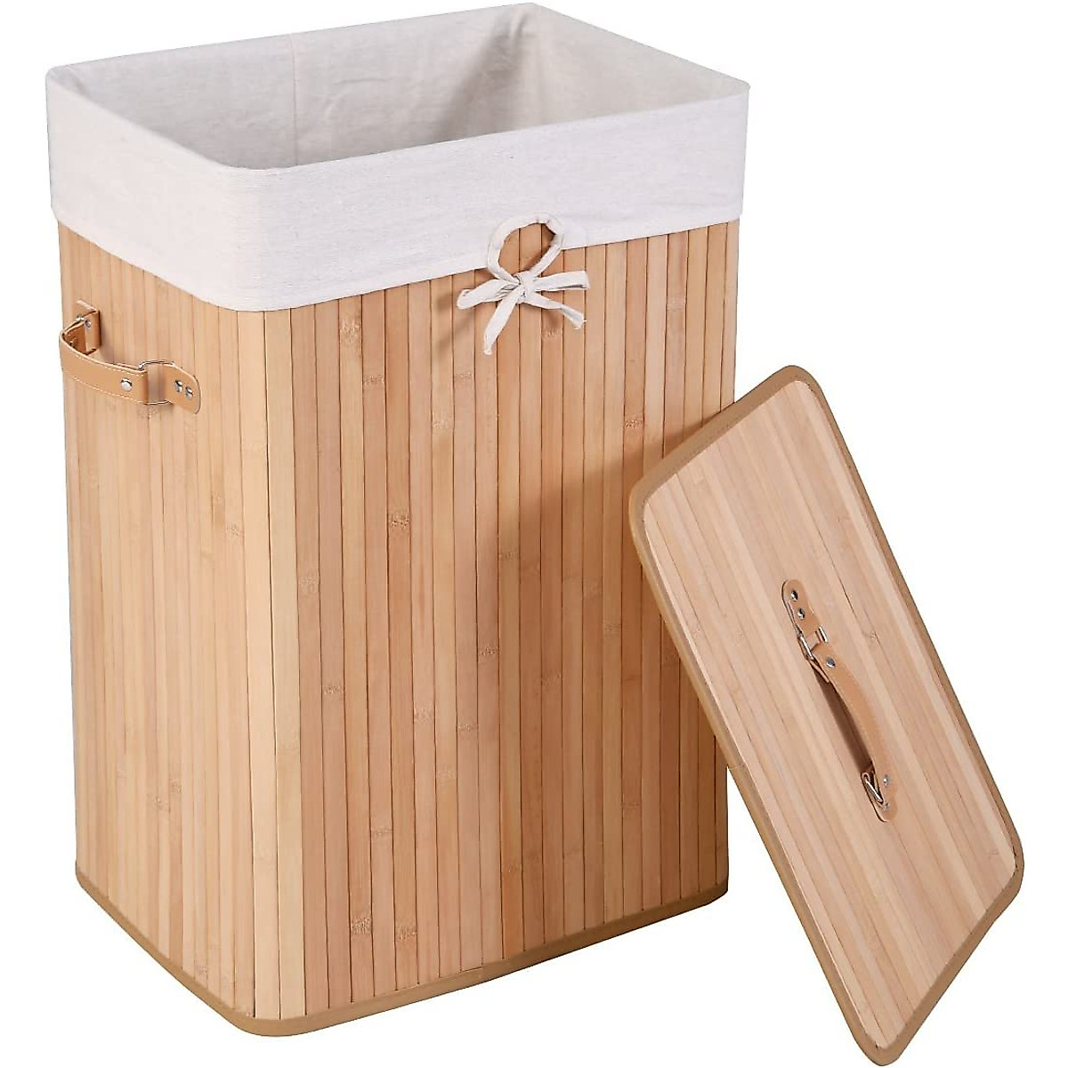 Byroce Bamboo Laundry Basket, Collapsible Laundry Hamper with Lid, Removable Liner & Handles, Dirty Clothes Toys Storage Bin for Laundry Room, Bedroom, Bathroom (Beige)