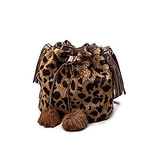 ENYIWH Women Leopard Print Faux Purse Fur Drawstring Bucket Bag Shoulder Crossbody Bag