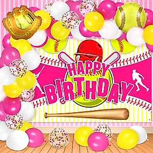 43Pcs Softball Birthday Party Decorations Large Softball Happy Birthday Banner and 42Pcs Softball Party Balloons Garland Kit for Girls Kids Teens Sport Themed Christmas Holiday Birthday Party Supplies
