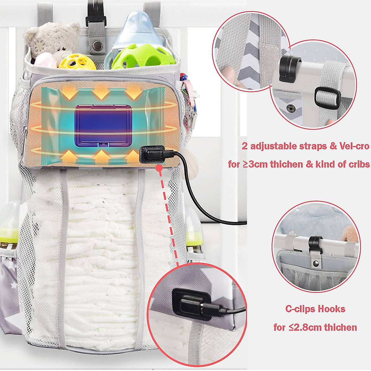 Inlisy Hanging Diaper Caddy - New Upgraded Wipe Warmer Diaper Stacker, Hanging Diaper Caddy Organizer for Changing Tables, Cribs, Walls and Doors -Gifts for Mom Newborn(Grey Stars)