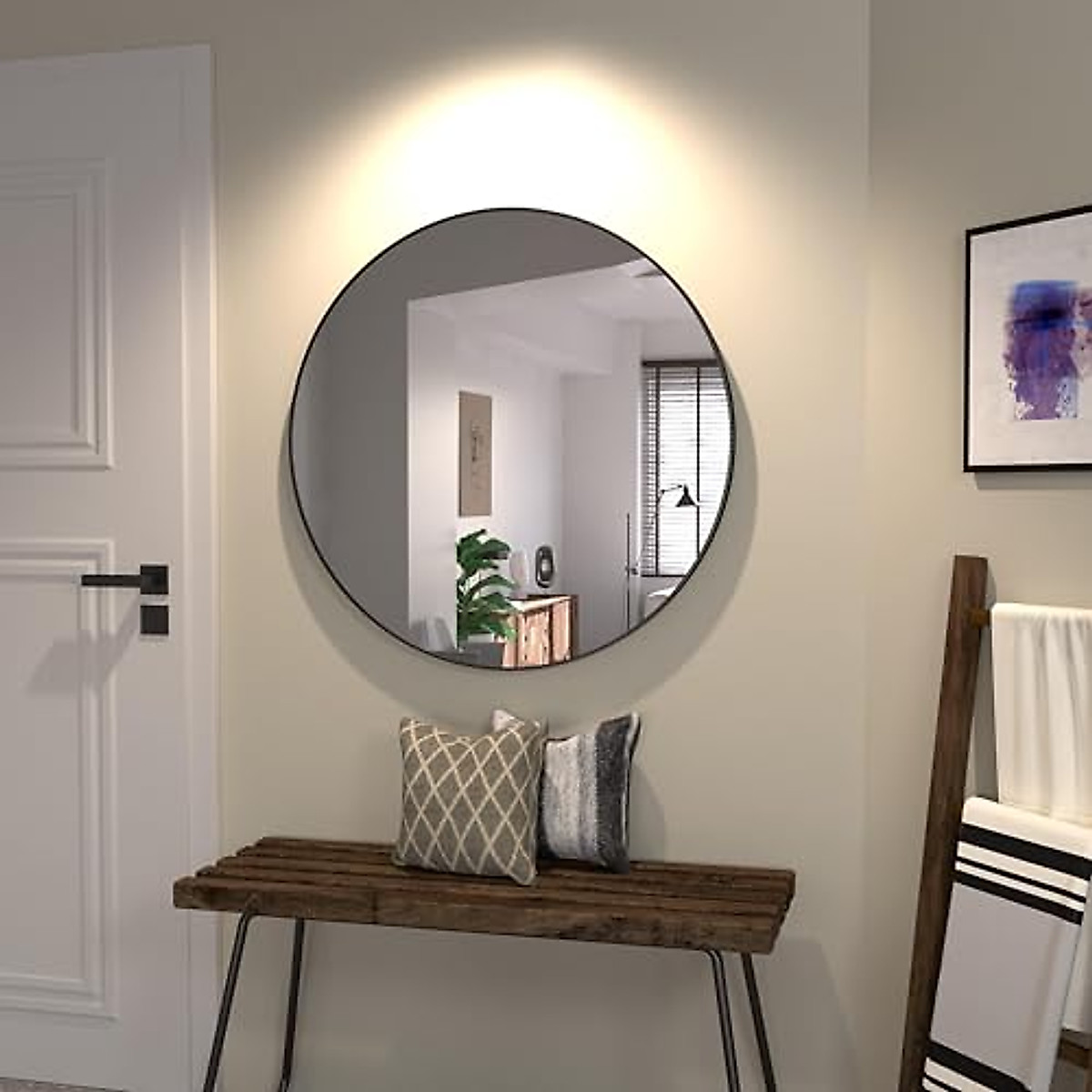 B&C 36 inch Round Mirror with 1-9/16" Matte Black Aluminum Frame, Black Metal Frame Circle Mirror, Circular Wall Mirror for Bathroom