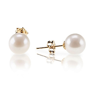 PAVOI 18K Yellow Gold Plated Sterling Silver Round Stud White Simulated Shell Pearl - 10mm