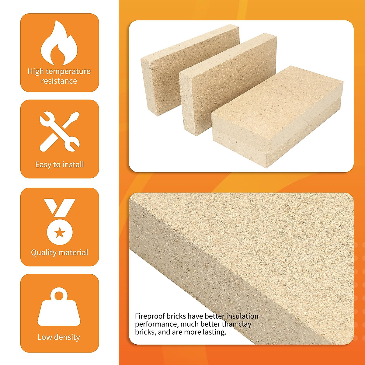 dndsim 12PCS Woodstove Firebricks, Fire Bricks, Size 9" X 4-1/2" X 1-1/4", Fire Bricks for Wood Stove, Fireplaces, Brick Fireplace