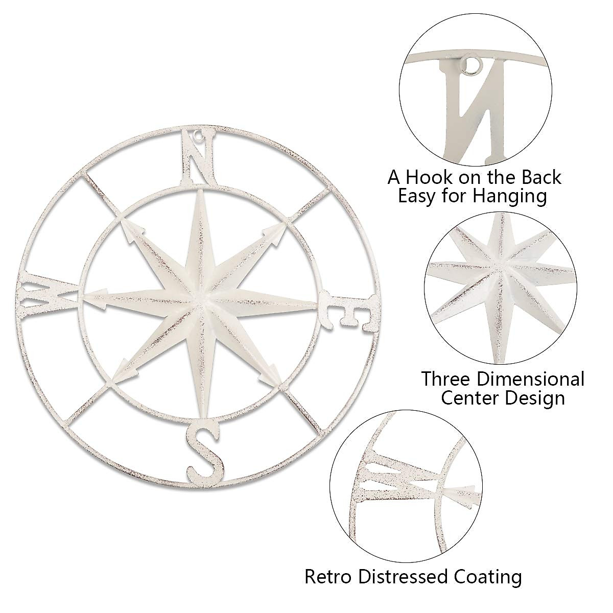 YIYA 11.8" Distressed Metal Compass Decoration Metal Decorative Compass for Nautical Decoration Bedroom Living Room Garden Office Wall Hanging Beach Theme Home Decoration (White)