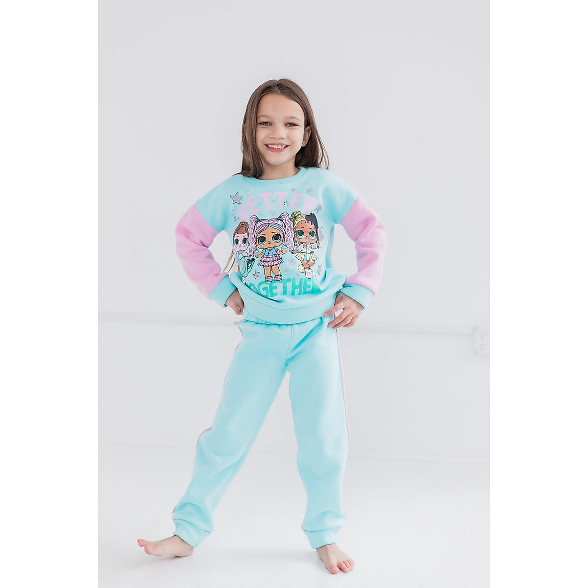 L.O.L. Surprise! Unity Flipside Marine Q.T. Little Girls Fleece Pullover Sweatshirt and Jogger Pants Set Pink/Green 6-6X