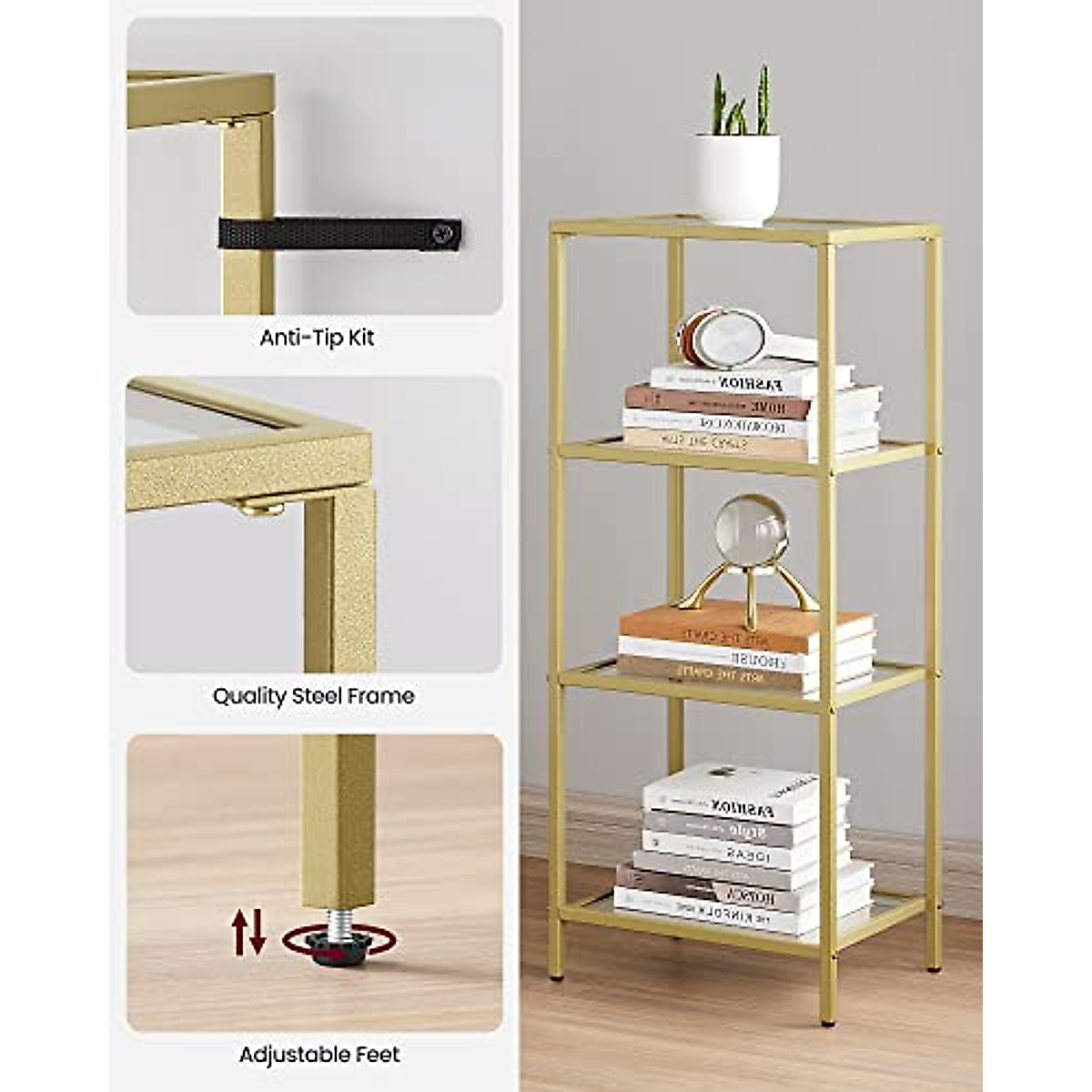 VASAGLE Bookcase, 4-Tier Bookshelf, Slim Shelving Unit for Bedroom, Bathroom, Home Office, Tempered Glass, Steel Frame, Gold Color ULGT28G