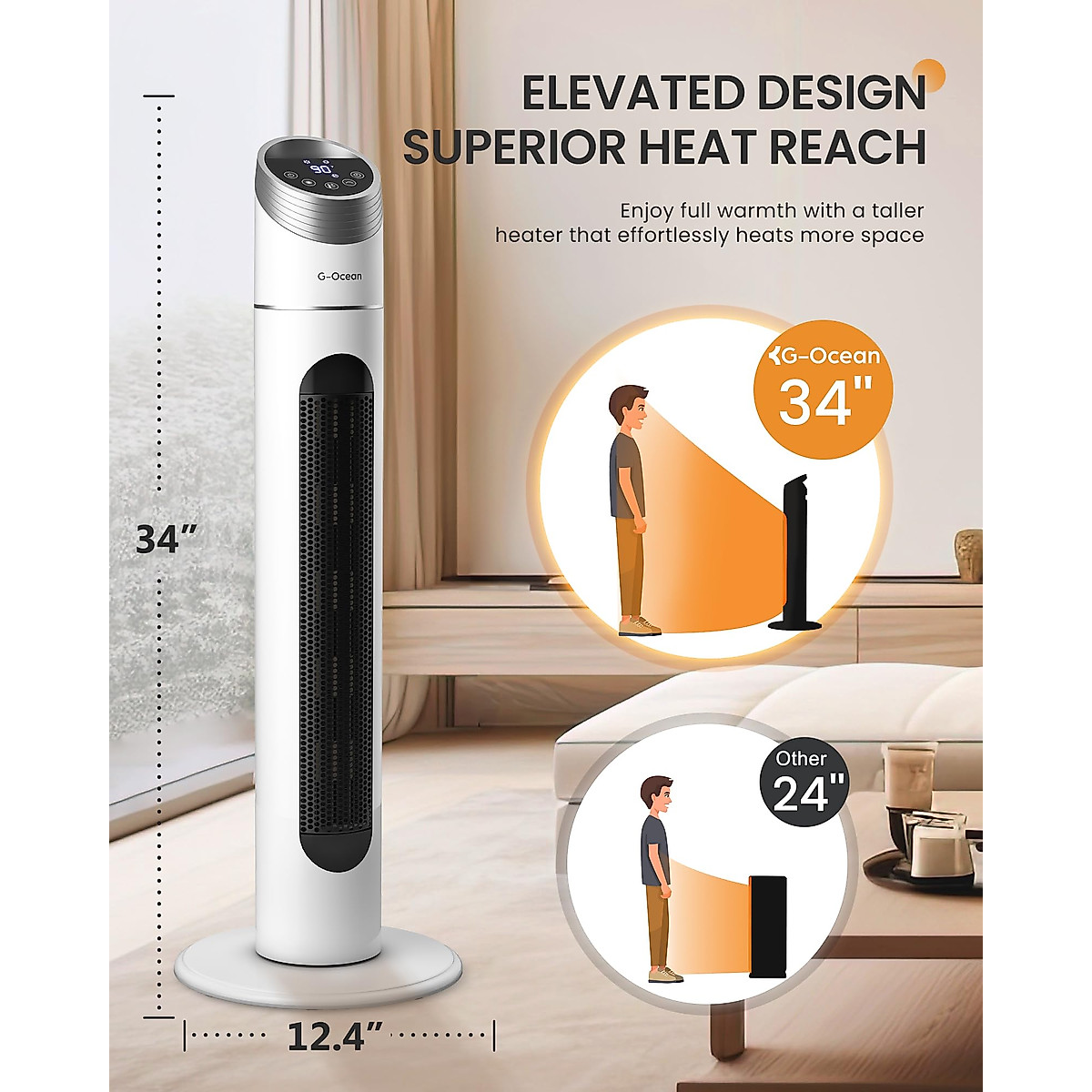 Space Heater, 34" Space Heater for Large Room with Remote, 1500W Tower Heater with 12H Timer, 70° Oscillating, Adjustable Thermostat, Overheating & Tip-over Protection, Indoor Use, White