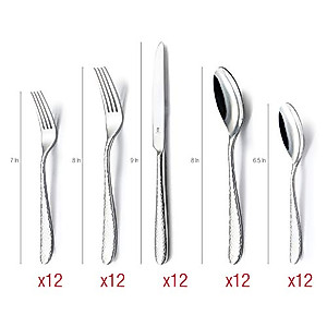 DANIALLI 60 Piece Silverware Set For 12, 18 10 Stainless Steel Silverware Set, Modern Fidenza Hammered Flatware Set, Knife/Fork/Spoon & Long Teaspoon/Salad Fork Mirror-Polished Dishwasher Safe Cutlery