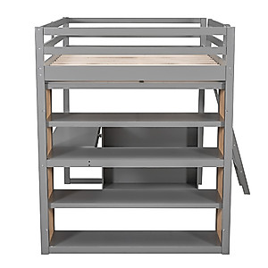 Bellemave Full Loft Bed with Desk and 6 Storage Shelves, Wood Loft Beds Frame with Bookcase and Writing Board, Modern High Loft Bed for Kids Boys Girls Teens, Full Size, White, Gray With Shelves
