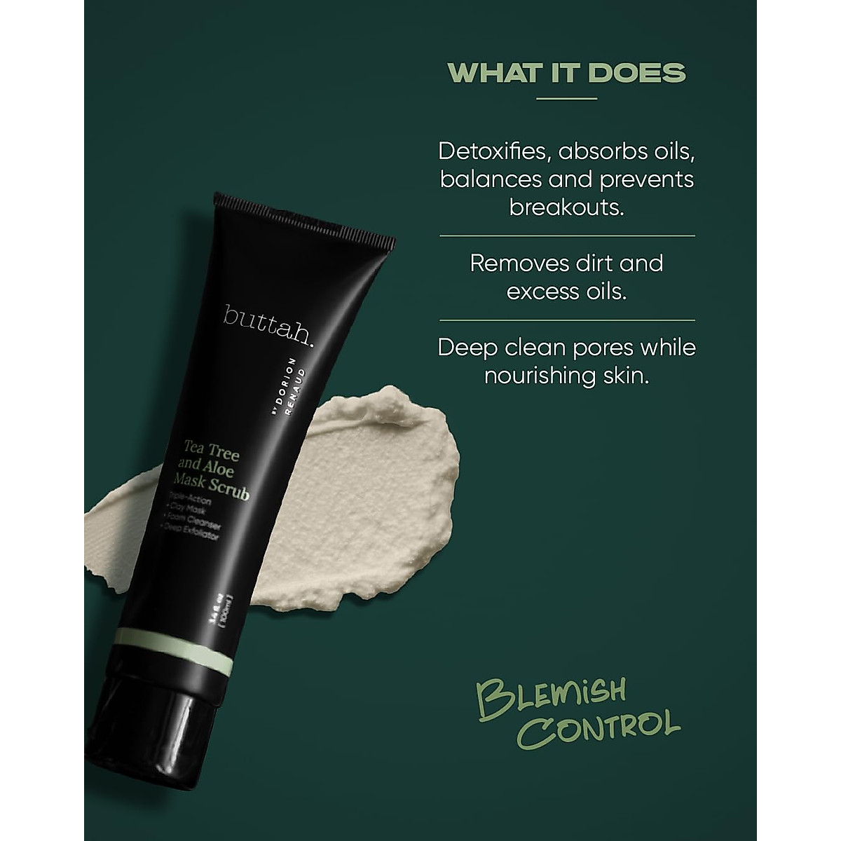 Buttah Skin by Dorion Renaud Tea Tree & Aloe Exfoliating Scrub 3oz - Multi-Tasking Cleanser - Tea Tree Oil & Kaolin Clay Treatment - Naturally Based Skin Care for Men & Women - Black-Owned Skincare