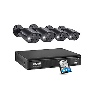 ZOSI C303 Home Outdoor Security Camera System with Audio, 5MP-Lite 8CH DVR with 2TB HDD and 4 x 1080p Weatherproof Camera with Human Detection Alerts, Smart Light & Sound Alarm
