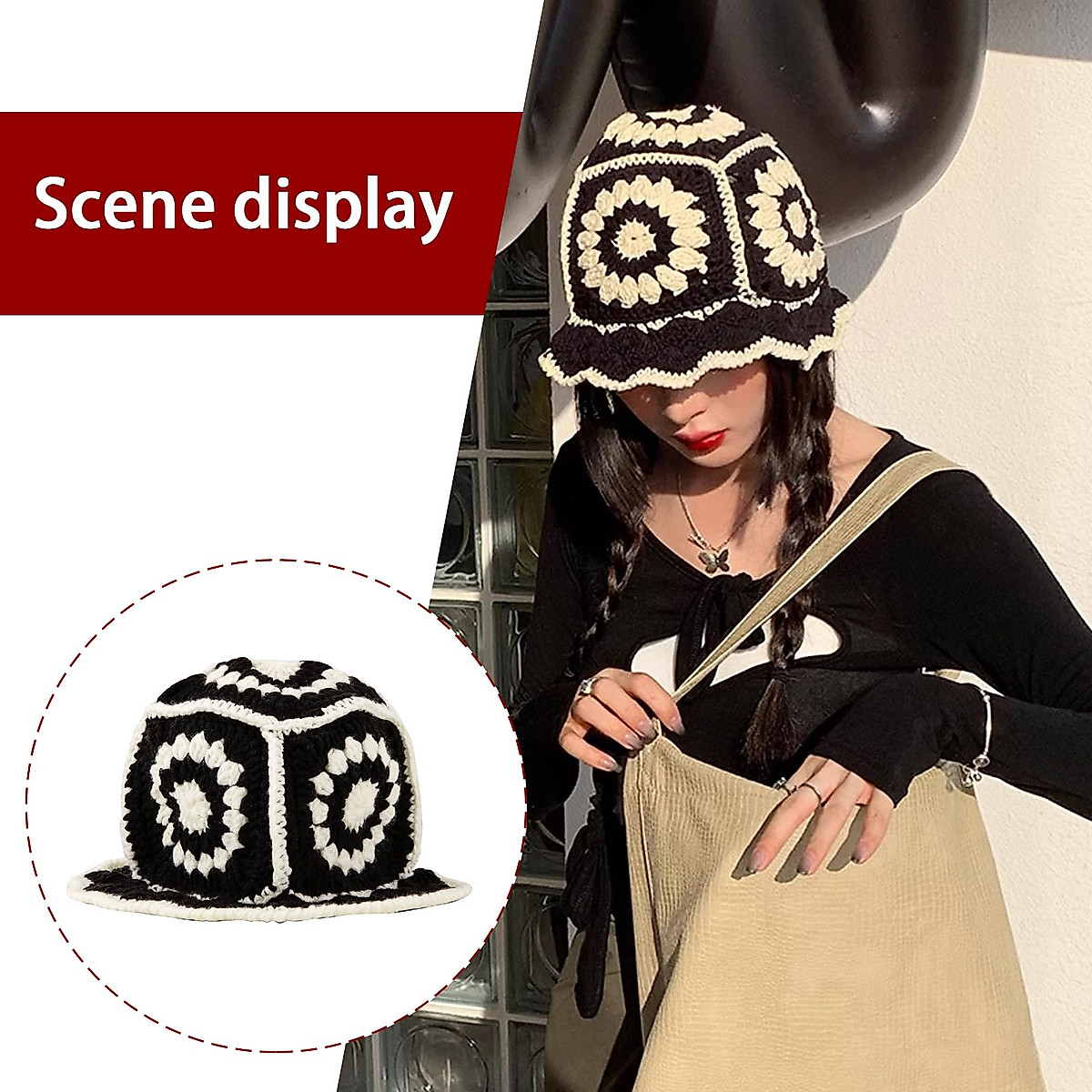 Crochet Bucket Hat for Women Crochet Hat Handmade Knitted Hat Foldable Floral Crochet Beanie Hat for Women Girls Outdoor Black/White