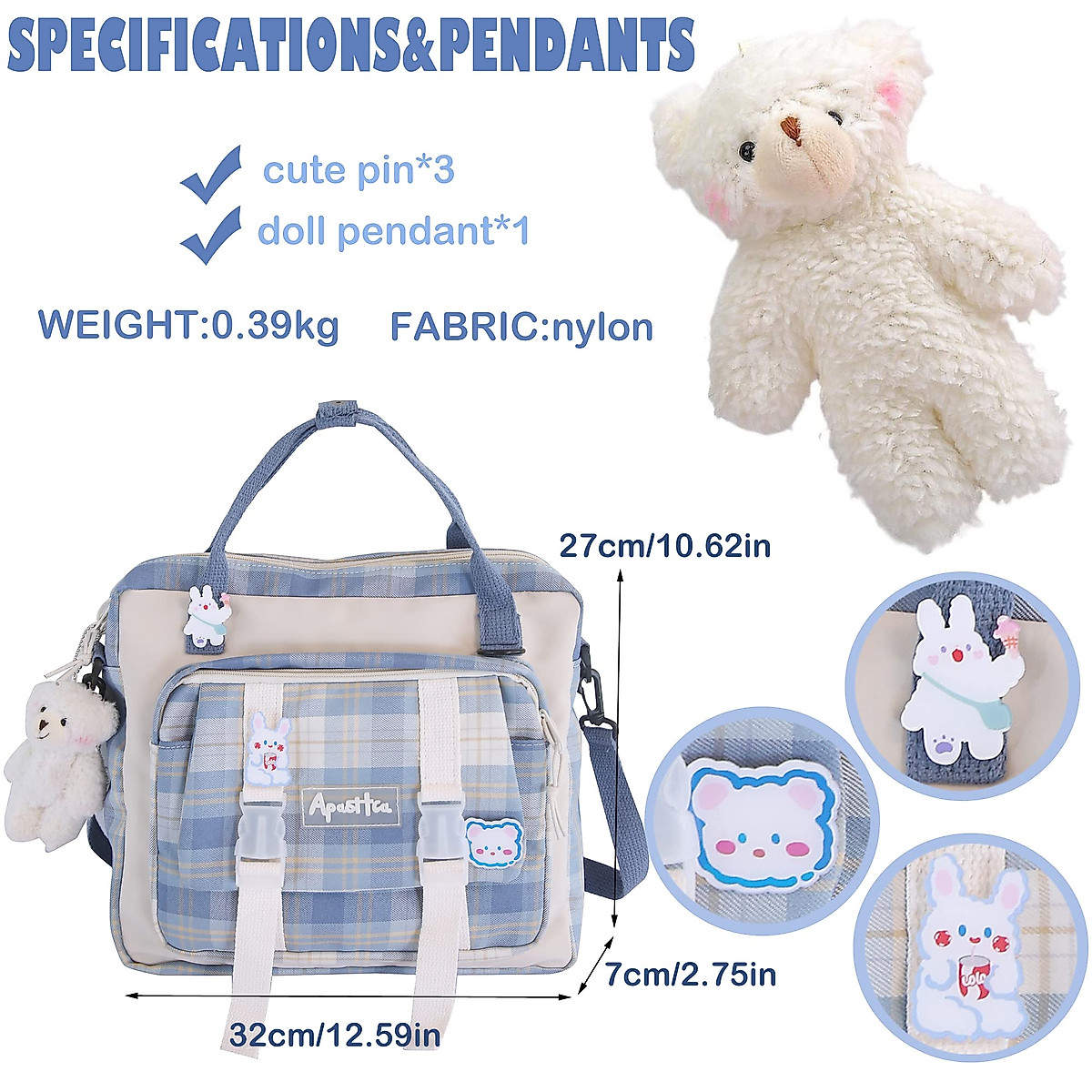 Dcepem Kawaii Backpack with Bear Pins and Plush Accessories Ita Bag Tote Back Japanese Handbag School Bag for Girls&women(blue)