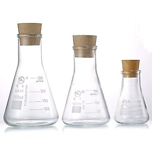 Young4us Glass Erlenmeyer Flask Set, (250 ml, 150 ml & 50 ml) Graduated Borosilicate Glass Erlenmeyer Flasks with Rubber Stoppers & Accurate Scales for Lab, Experiment, Chemistry, Science Studies etc