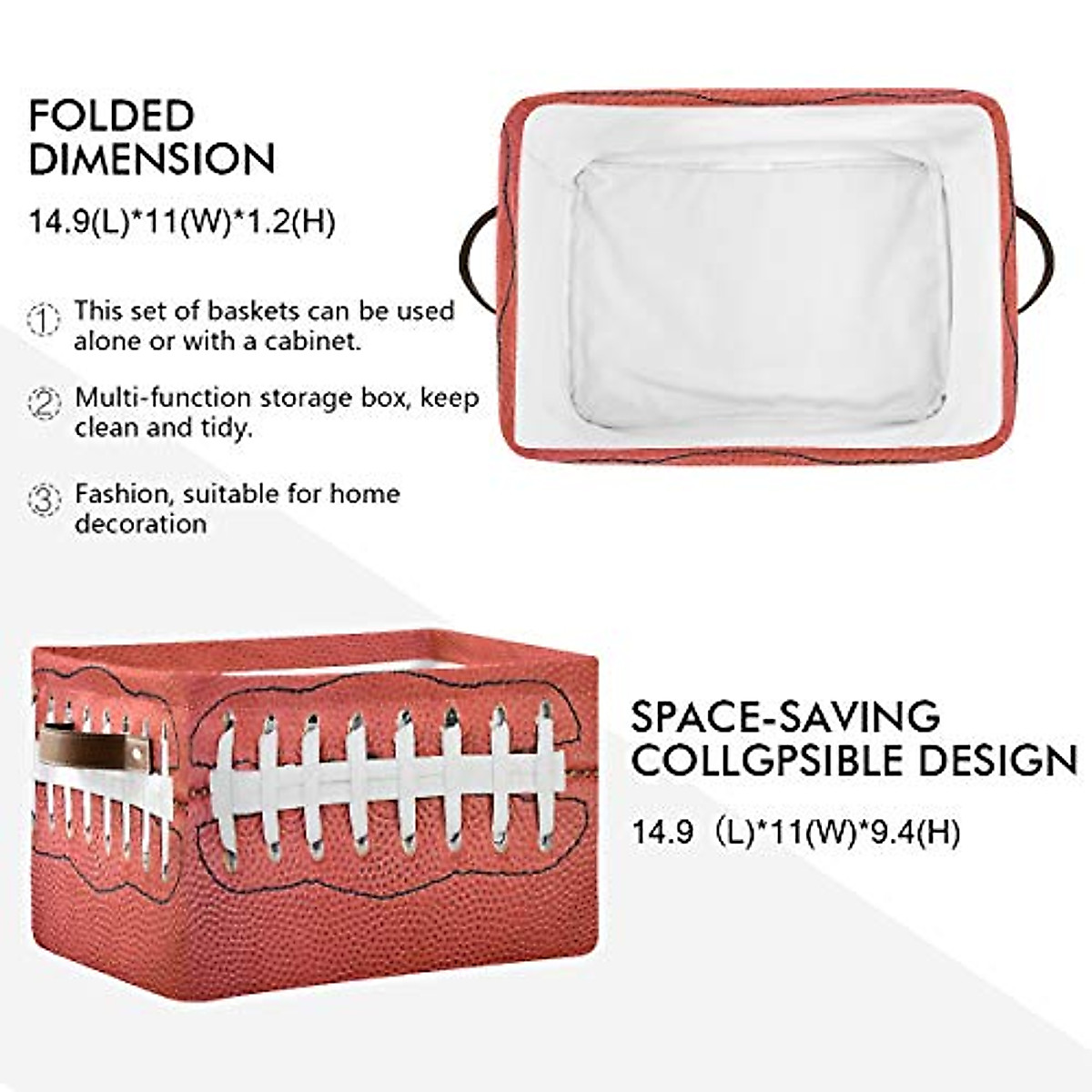 Storage Basket Cube American Football Laces Large Collapsible Toys Storage Box Bin Laundry Organizer for Closet Shelf Nursery Kids Bedroom,15x11x9.5 in,1 Pack