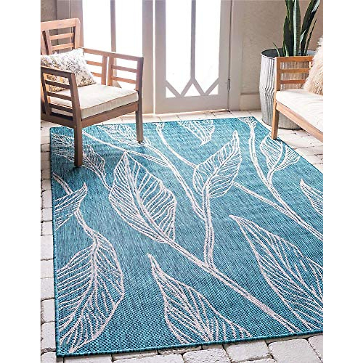 Unique Loom Outdoor Botanical Collection Area Rug - Leaf (6' 1" x 9' Rectangle, Teal/ Ivory)