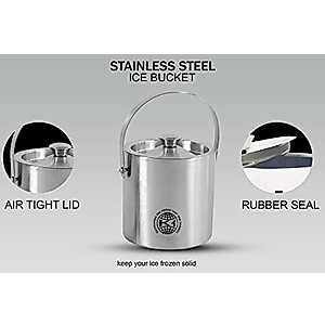 Ice Bucket With Lid, Insulated Black Ice Bucket for Cocktail Bar with Ice Tong, Double Walled Stainless Steel, 1.75 L, 1.84 Quarts, Ice Cold For 6 h with Handle (Silver)