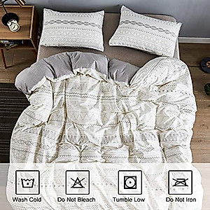 WARMDERN Grey Stripe Boho Duvet Cover Set King, 3pcs Ultra Soft Breathable Aztec Cotton Comforter Cover with Zipper Ties, 1 Bohemian White Duvet Cover & 2 Pillowcase(King,Grey)