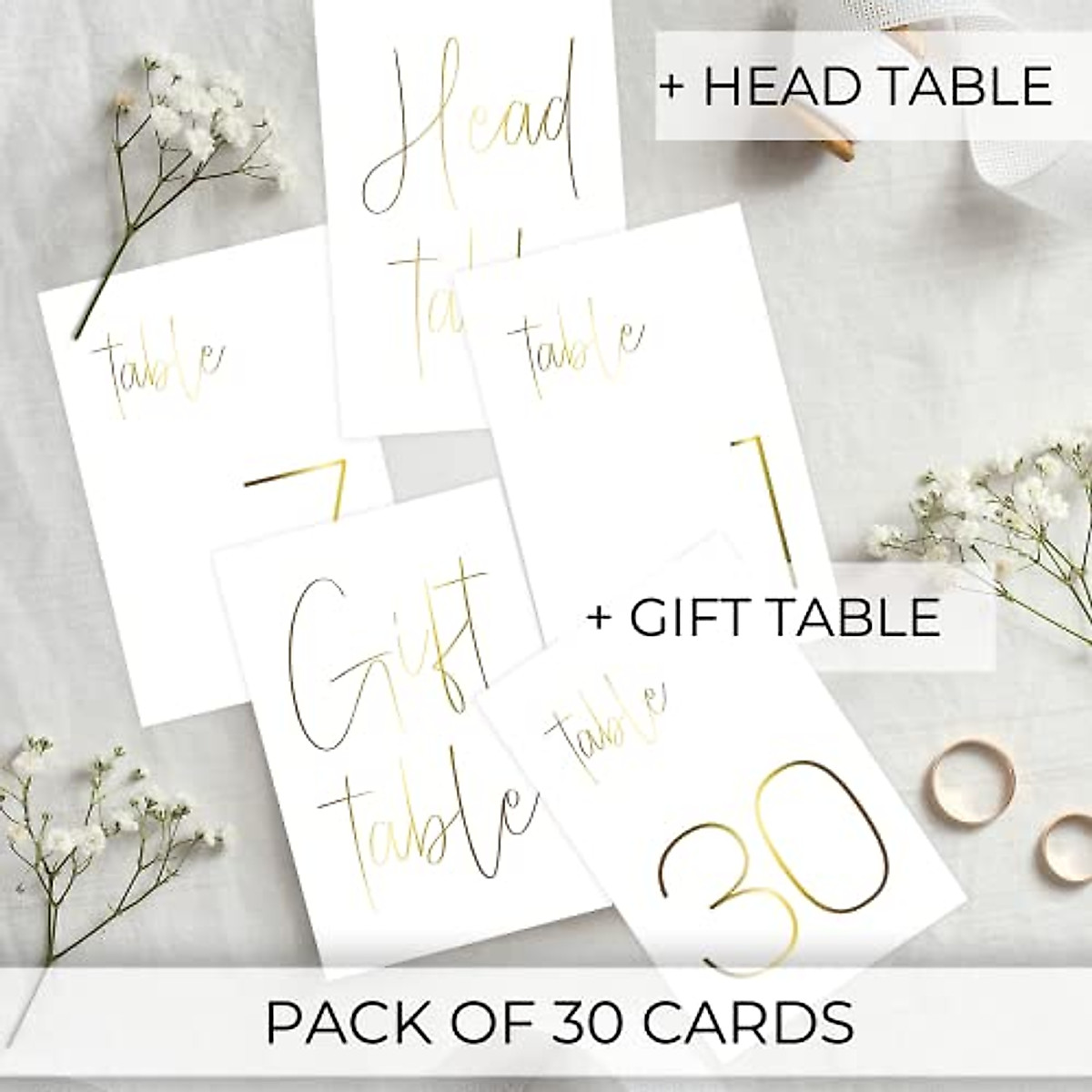 Gorgeous Gold Wedding Table Numbers - Modern Double Sided Lettering with Head Table Card - 4 x 6 inches and Numbered 1-30 - Perfect for Weddings and Events