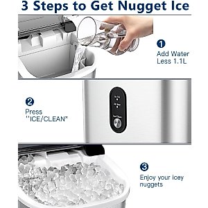 Kndko Nugget Ice Maker Countertop,33lbs/Day, Pellet ice Maker,a Basket in 1.5 Hour, Self-Cleaning, One-Click Design, Compact Crushed Ice Maker with Chewy Ice for Home Bar Party，Silver